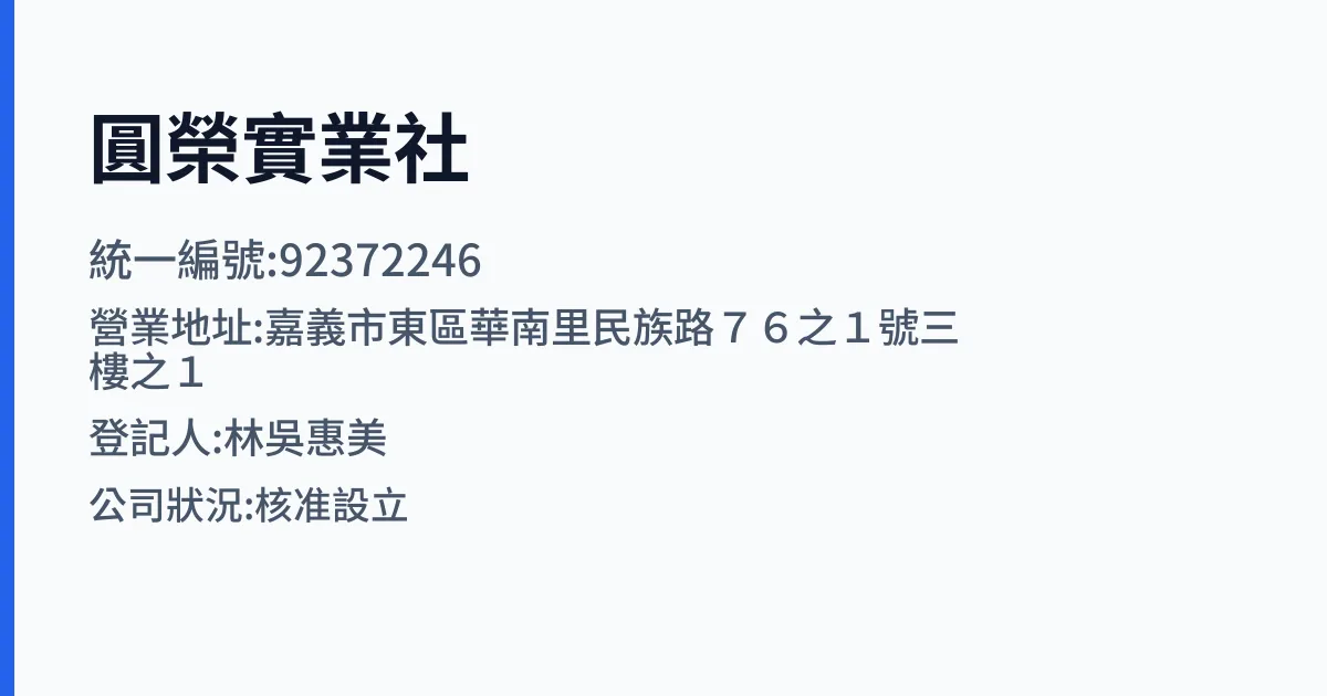 圓榮實業社 - 統編 92372246(嘉義市) 公司登記資料與營業項目詳細圖表