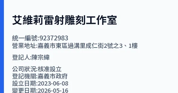 艾維莉雷射雕刻工作室的照片-統編 92372983(嘉義市) 公司登記資料與營業項目詳細圖表
