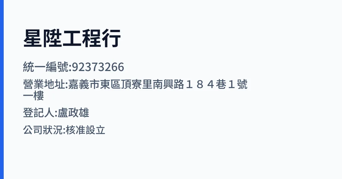 星陞工程行 - 統編 92373266(嘉義市) 公司登記資料與營業項目詳細圖表