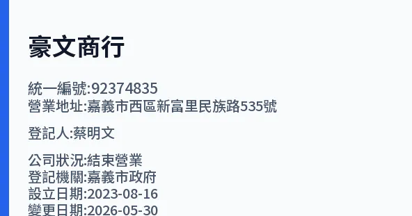 豪文商行的照片-統編 92374835(嘉義市) 公司登記資料與營業項目詳細圖表
