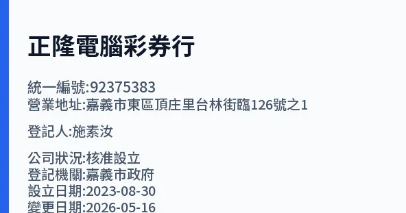 正隆電腦彩券行的照片-統編 92375383(嘉義市) 公司登記資料與營業項目詳細圖表