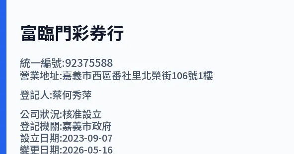 富臨門彩券行的照片-統編 92375588(嘉義市) 公司登記資料與營業項目詳細圖表