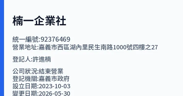 楠一企業社的照片-統編 92376469(嘉義市) 公司登記資料與營業項目詳細圖表