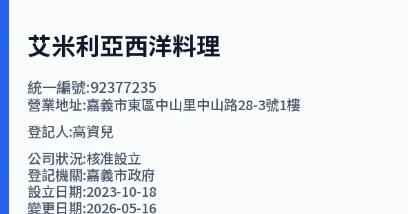 艾米利亞西洋料理的照片-統編 92377235(嘉義市) 公司登記資料與營業項目詳細圖表