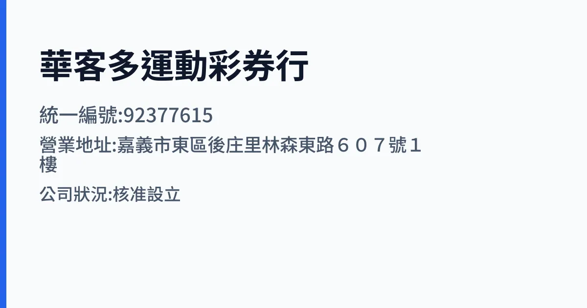 華客多運動彩券行 - 統編 92377615(嘉義市) 公司登記資料與營業項目詳細圖表