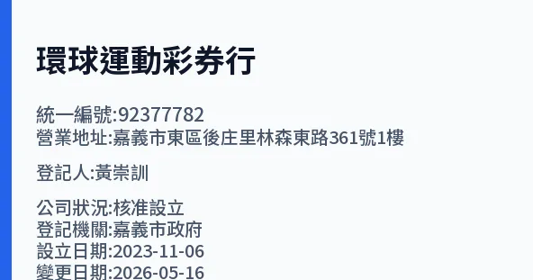 環球運動彩券行的照片-統編 92377782(嘉義市) 公司登記資料與營業項目詳細圖表