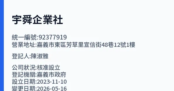 宇舜企業社的照片-統編 92377919(嘉義市) 公司登記資料與營業項目詳細圖表
