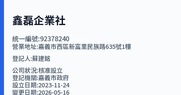 鑫磊企業社的照片-統編 92378240(嘉義市) 公司登記資料與營業項目詳細圖表