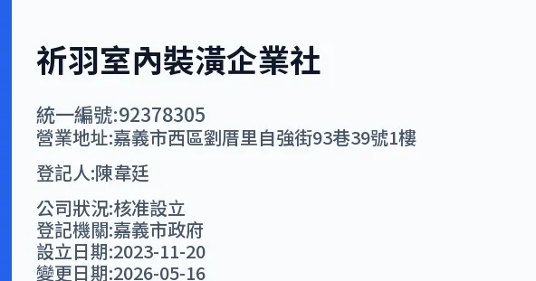 祈羽室內裝潢企業社的照片-統編 92378305(嘉義市) 公司登記資料與營業項目詳細圖表