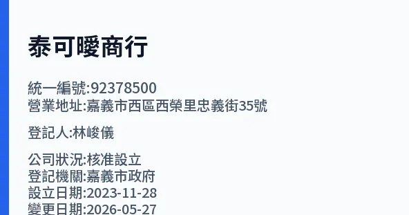 泰可曖商行的照片-統編 92378500(嘉義市) 公司登記資料與營業項目詳細圖表