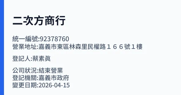 二次方商行的照片-統編 92378760(嘉義市) 公司登記資料與營業項目詳細圖表