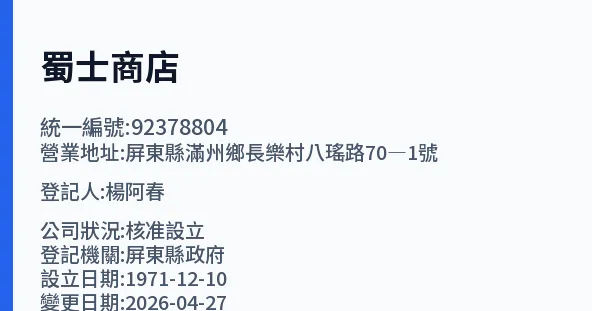 蜀士商店的照片-統編 92378804(屏東縣) 公司登記資料與營業項目詳細圖表