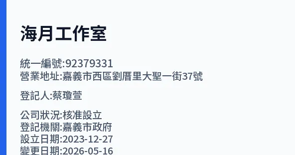 海月工作室的照片-統編 92379331(嘉義市) 公司登記資料與營業項目詳細圖表