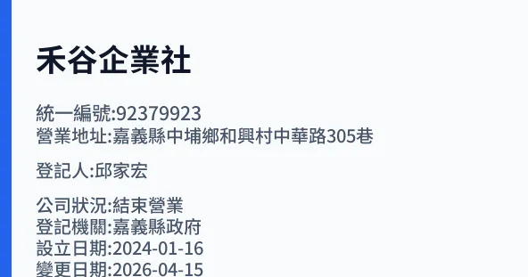 禾谷企業社的照片-統編 92379923(嘉義市) 公司登記資料與營業項目詳細圖表