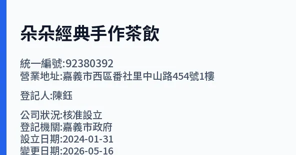 朵朵經典手作茶飲的照片-統編 92380392(嘉義市) 公司登記資料與營業項目詳細圖表