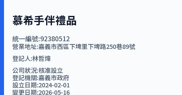 慕希手伴禮品的照片-統編 92380512(嘉義市) 公司登記資料與營業項目詳細圖表