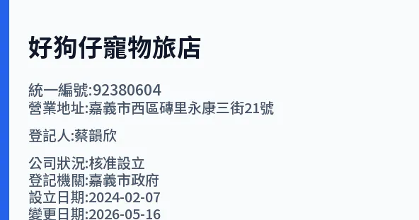 好狗仔寵物旅店的照片-統編 92380604(嘉義市) 公司登記資料與營業項目詳細圖表