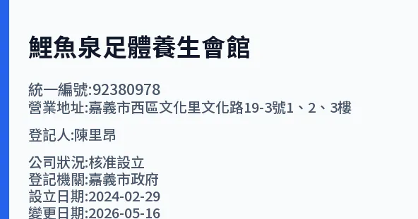 鯉魚泉足體養生會館的照片-統編 92380978(嘉義市) 公司登記資料與營業項目詳細圖表