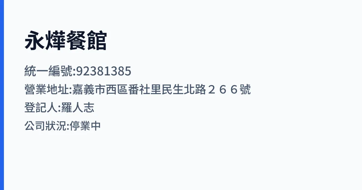 永燁餐館 - 統編 92381385(嘉義市) 公司登記資料與營業項目詳細圖表