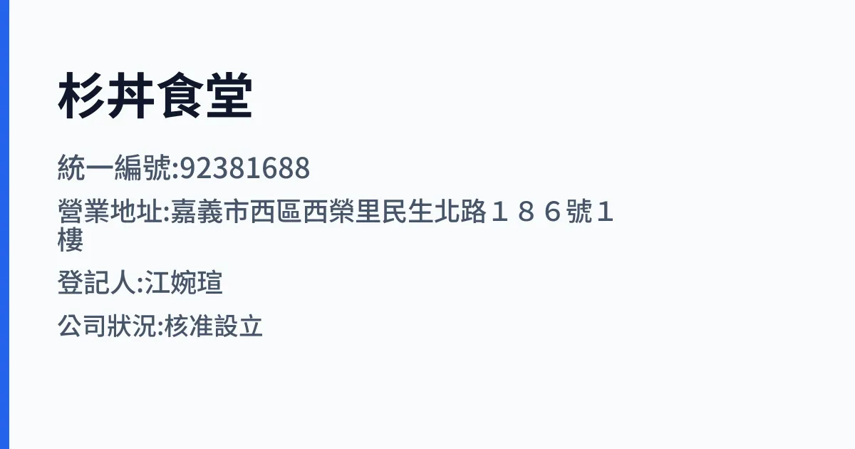 杉丼食堂 - 統編 92381688(嘉義市) 公司登記資料與營業項目詳細圖表