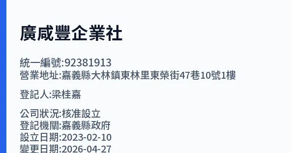 廣咸豐企業社的照片-統編 92381913(嘉義縣) 公司登記資料與營業項目詳細圖表