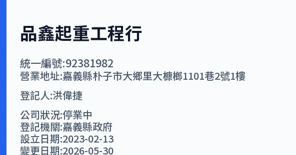 品鑫起重工程行的照片-統編 92381982(嘉義縣) 公司登記資料與營業項目詳細圖表
