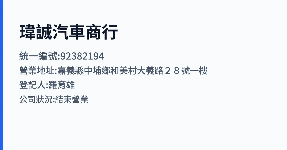 瑋誠汽車商行 - 統編 92382194(嘉義縣) 公司登記資料與營業項目詳細圖表