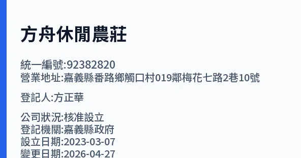 方舟休閒農莊的照片-統編 92382820(嘉義縣) 公司登記資料與營業項目詳細圖表