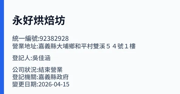永好烘焙坊的照片-統編 92382928(嘉義縣) 公司登記資料與營業項目詳細圖表