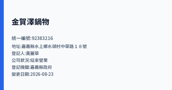 金賀澤鍋物的照片-統編 92383216(嘉義縣) 公司登記資料與營業項目詳細圖表