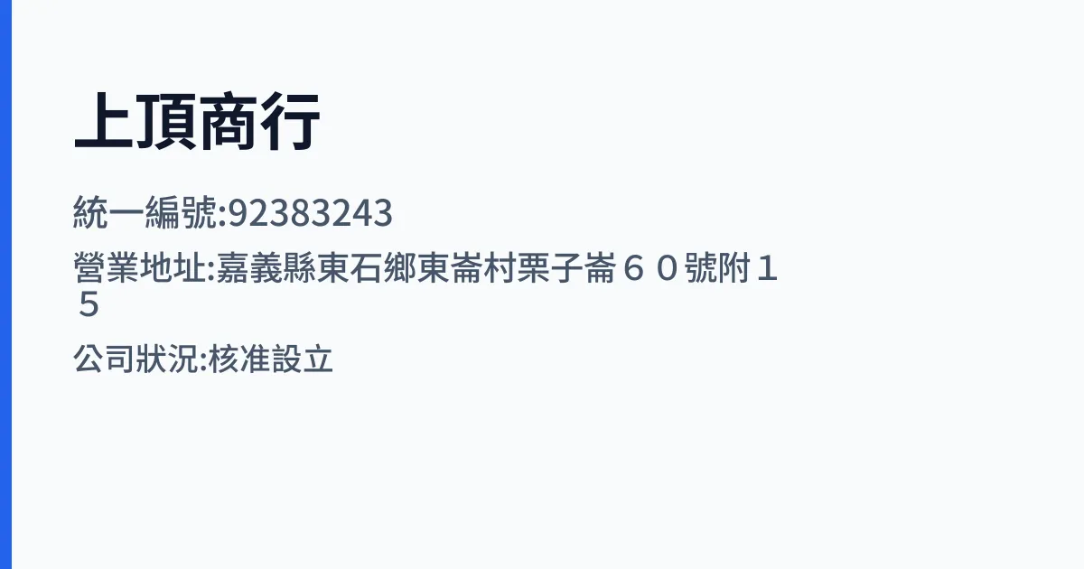 上頂商行 - 統編 92383243(嘉義縣) 公司登記資料與營業項目詳細圖表