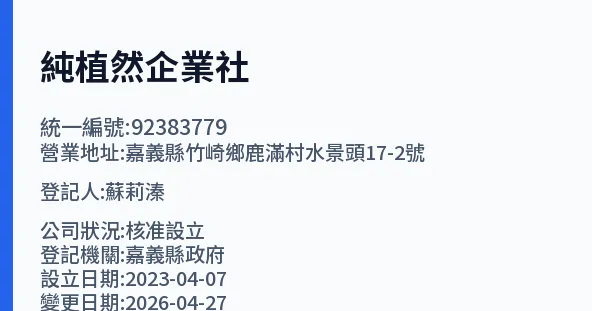 純植然企業社的照片-統編 92383779(嘉義縣) 公司登記資料與營業項目詳細圖表