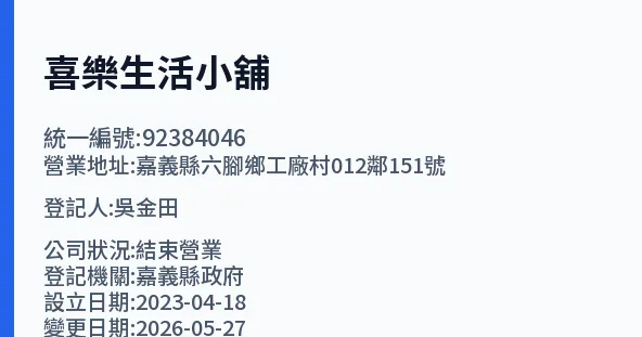 喜樂生活小舖的照片-統編 92384046(嘉義縣) 公司登記資料與營業項目詳細圖表