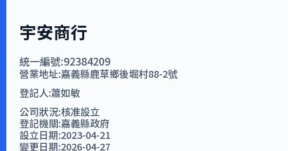 宇安商行的照片-統編 92384209(嘉義縣) 公司登記資料與營業項目詳細圖表