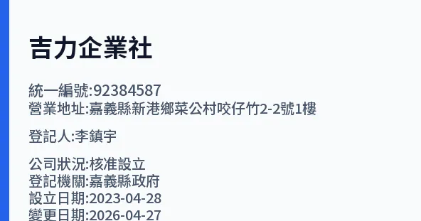 吉力企業社的照片-統編 92384587(嘉義縣) 公司登記資料與營業項目詳細圖表