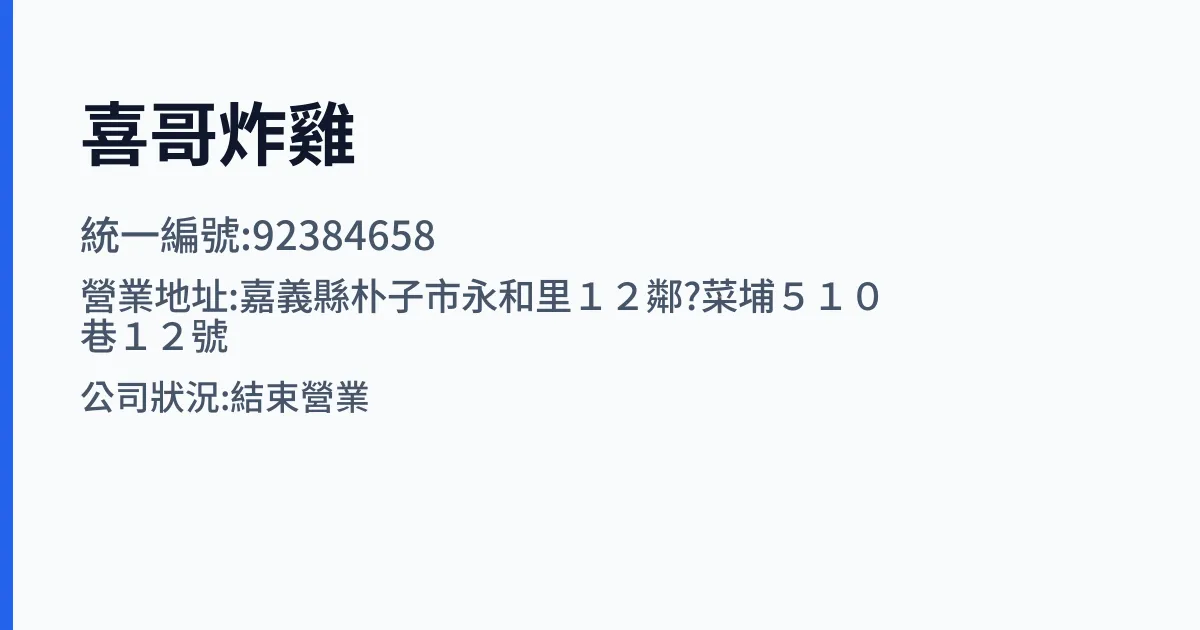 喜哥炸雞 - 統編 92384658(嘉義縣) 公司登記資料與營業項目詳細圖表