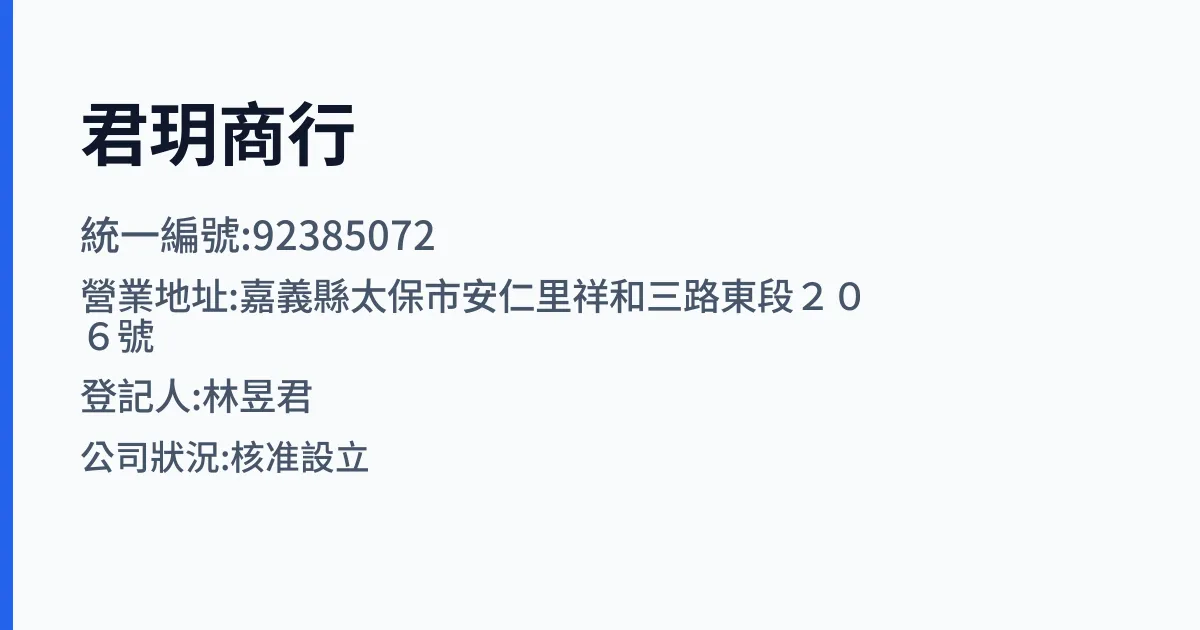 君玥商行 - 統編 92385072(嘉義縣) 公司登記資料與營業項目詳細圖表