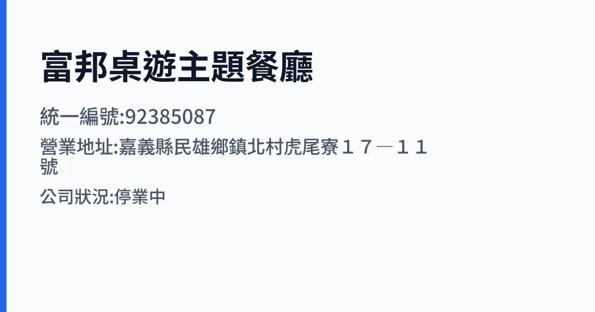 富邦桌遊主題餐廳 - 統編 92385087(嘉義縣) 公司登記資料與營業項目詳細圖表