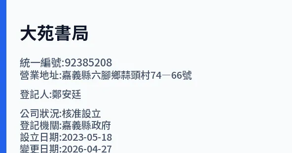 大苑書局的照片-統編 92385208(嘉義縣) 公司登記資料與營業項目詳細圖表