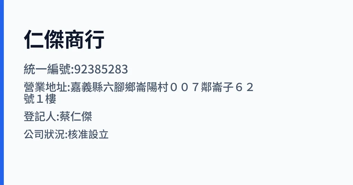 仁傑商行 - 統編 92385283(嘉義縣) 公司登記資料與營業項目詳細圖表