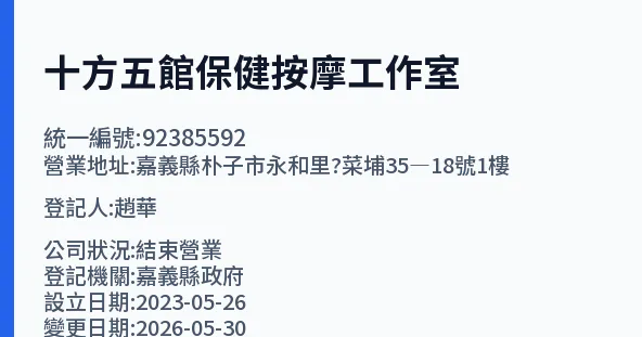 十方五館保健按摩工作室的照片-統編 92385592(嘉義縣) 公司登記資料與營業項目詳細圖表