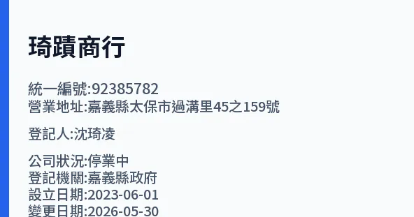 琦蹟商行的照片-統編 92385782(嘉義縣) 公司登記資料與營業項目詳細圖表