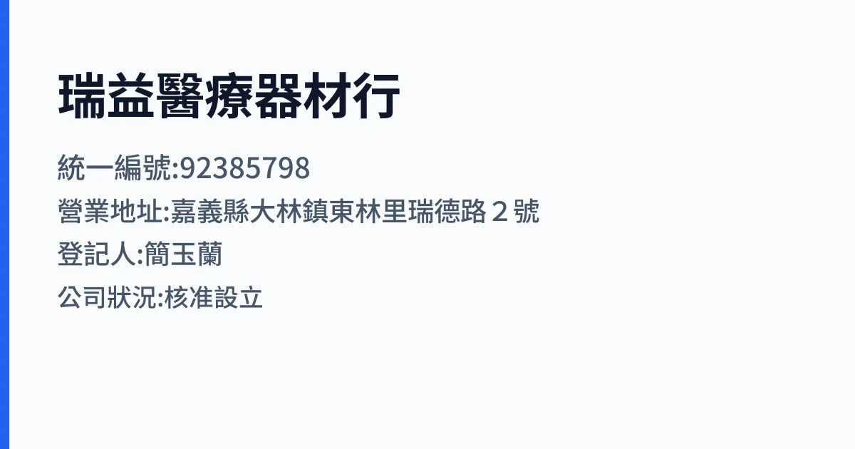 瑞益醫療器材行 - 統編 92385798(嘉義縣) 公司登記資料與營業項目詳細圖表