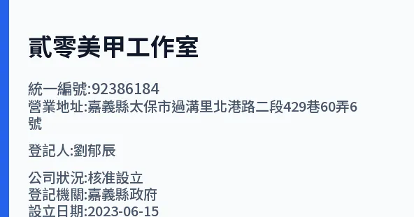 貳零美甲工作室的照片-統編 92386184(嘉義縣) 公司登記資料與營業項目詳細圖表
