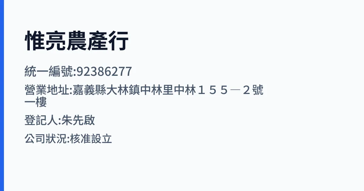 惟亮農產行 - 統編 92386277(嘉義縣) 公司登記資料與營業項目詳細圖表