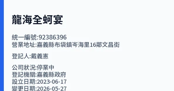龍海全蚵宴的照片-統編 92386396(嘉義縣) 公司登記資料與營業項目詳細圖表