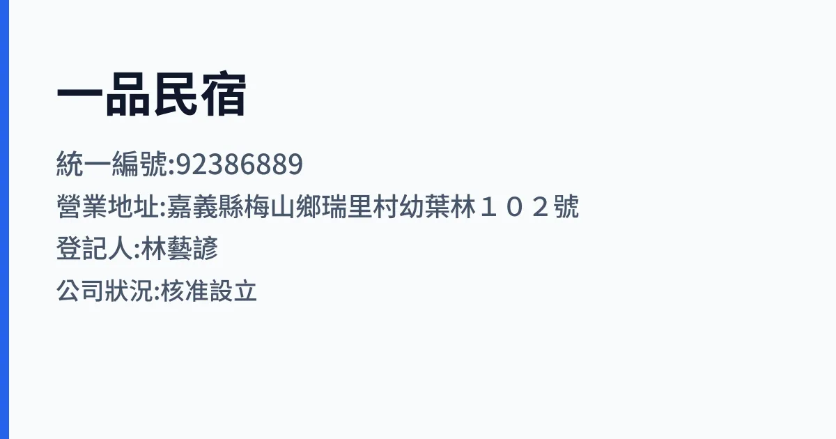 一品民宿 - 統編 92386889（嘉義縣） 公司登記資料與營業項目詳細圖表