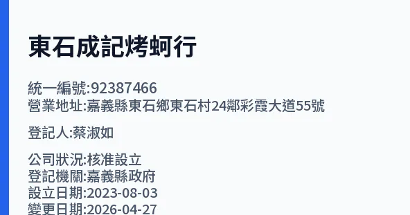 東石成記烤蚵行的照片-統編 92387466(嘉義縣) 公司登記資料與營業項目詳細圖表