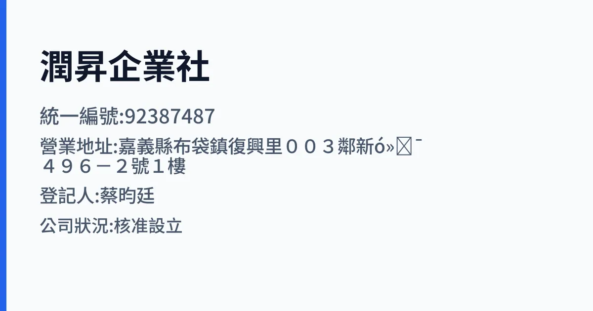 潤昇企業社 - 統編 92387487（嘉義縣） 公司登記資料與營業項目詳細圖表
