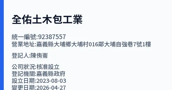 全佑土木包工業的照片-統編 92387557(嘉義縣) 公司登記資料與營業項目詳細圖表